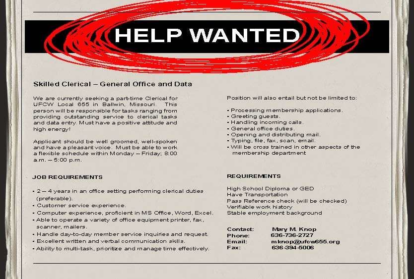 HELP WANTED: Skilled Clerical – General Office and Data | Local 655